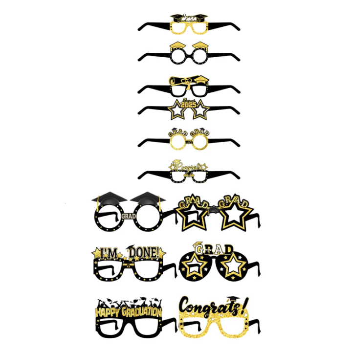 6 Pieces Graduation Eyeglasses In Black And Gold With Glittering Finish ...