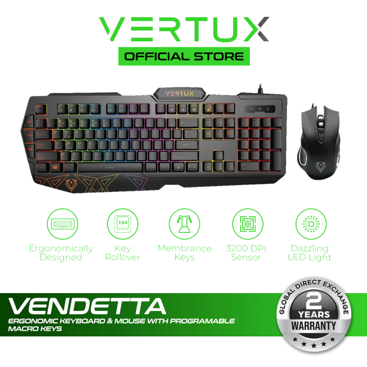 Vertux Vendetta Ergonomic Gaming Keyboard and Mouse Combo with ...