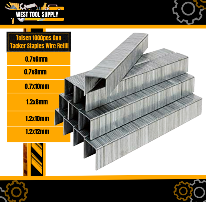 Tolsen 1000pcs Gun Tacker Staples Wire Refill (0.7 x 6 , 8 x 10mm | 1.2 ...