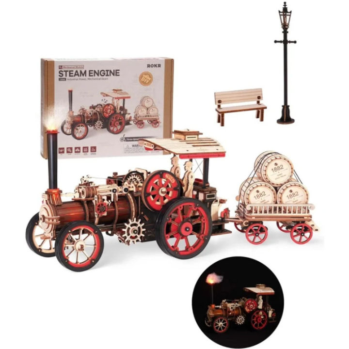 Robotime rokr 3D Puzzle Steam Engine Tractor Model Kit Electric Vintage ...