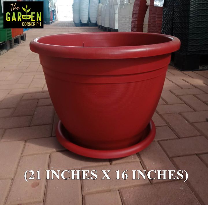 Red Big Plastic Pot with Catch Plate 2PCS. #CM8303 (21 Inches x 16 ...