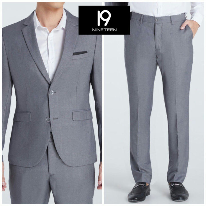 19Nineteen พร้อมส่ง ชุดสูทผู้ชาย สีเทา แยกขาย สูททรงสลิมเข้ารูป 2 กระดุม และกางเกงทรงขากระบอก ...