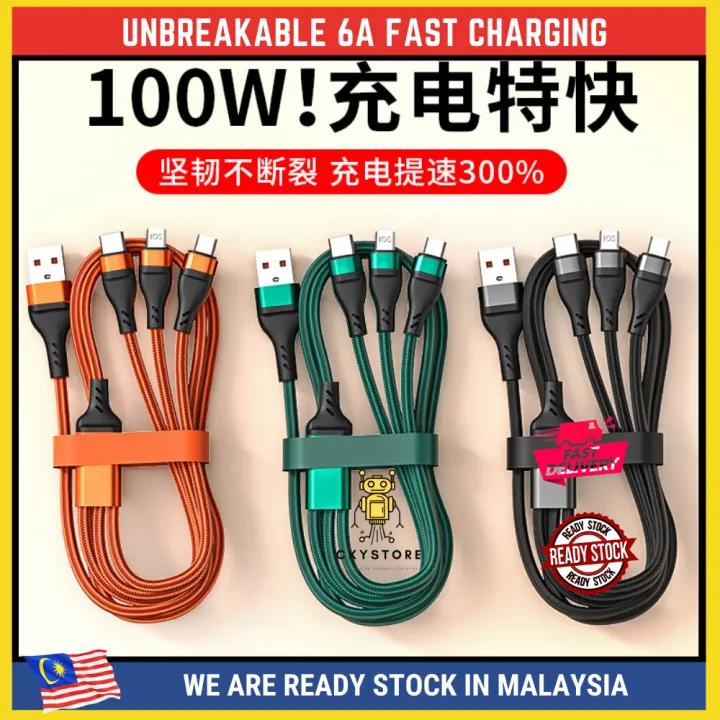 3 in 1 100W Micro / Lightning / Type C Unbreakable Net Weaving 6A Fast ...