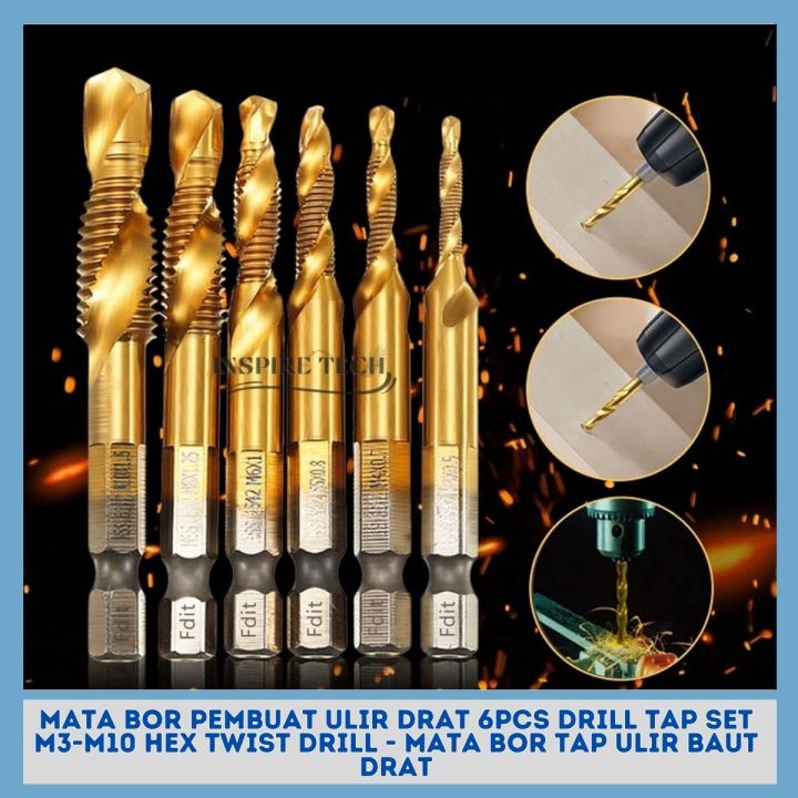 Mata bor pembuat ulir drat 6pcs drill tap set M3-M10 hex twist drill ...
