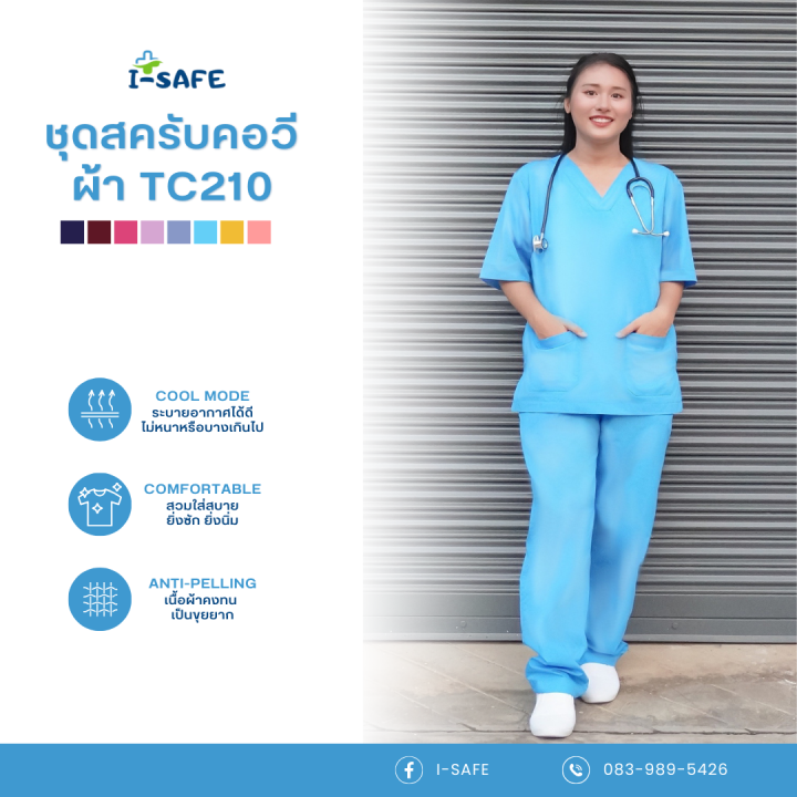 i-safe scrub ชุดสครับคอวี สีฟ้าเข้ม ชุดสครับแพทย์ พยาบาล ชุดอยู่เวร พร้อมส่ง unisex ผ้าTC 210 ...