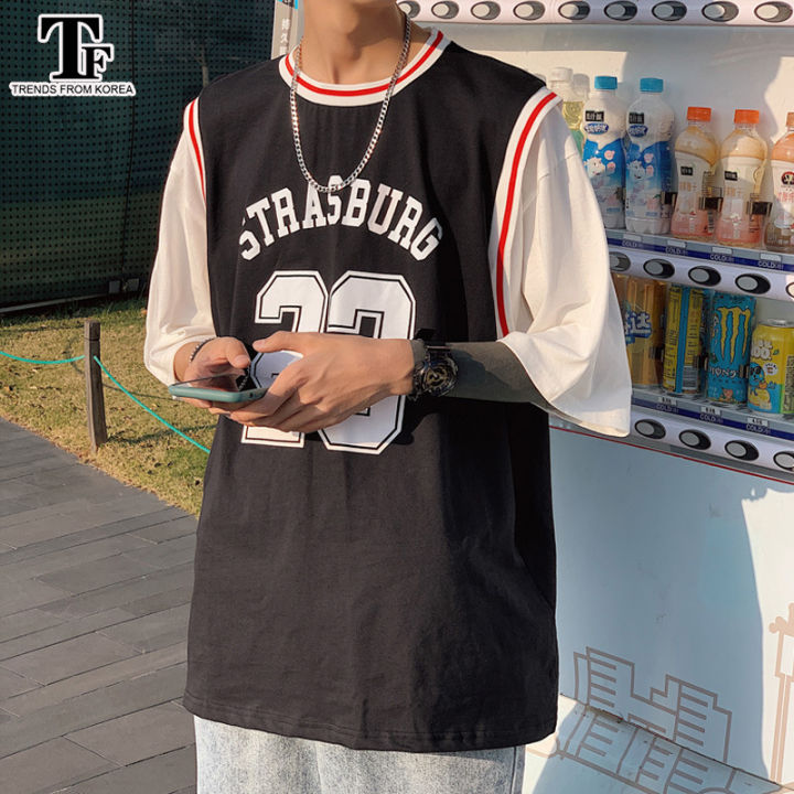 TF Summer เสื้อกล้ามเล่นบาสเกตบอลสไตล์เกาหลีหลวมเท็จ2ชิ้นแขนสั้น23เสื้อ ...