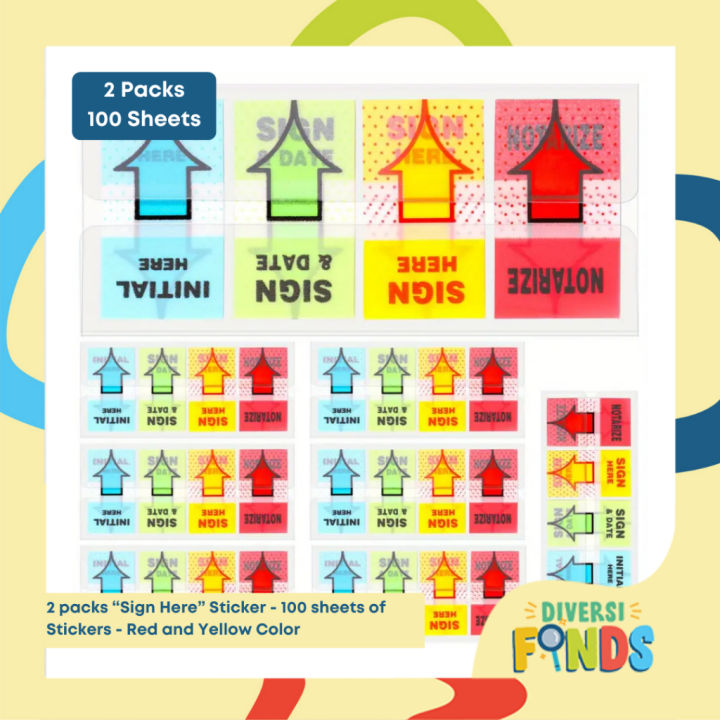 2 packs or 100 sheets Sign Here Sticker in Yellow and Red Color | Lazada PH