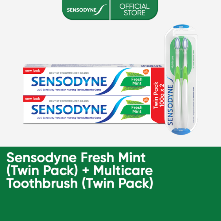 Sensodyne Fresh Mint Toothpaste 100g Twin Pack + Multicare Toothbrush ...