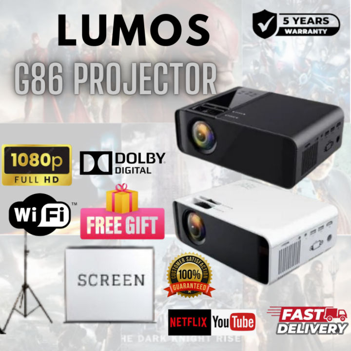 Lumos G86 projector Black/White free Stand & screen 6000 lumens 4K Full ...