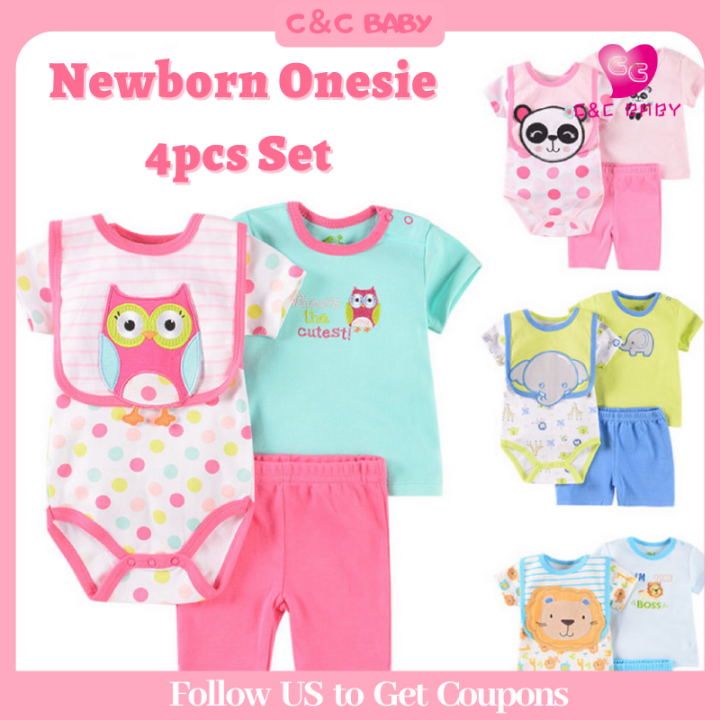 C&C BABY Infant 100%Cotton Newborn Onesie 4pcs Set Outfit Baby Clothes ...