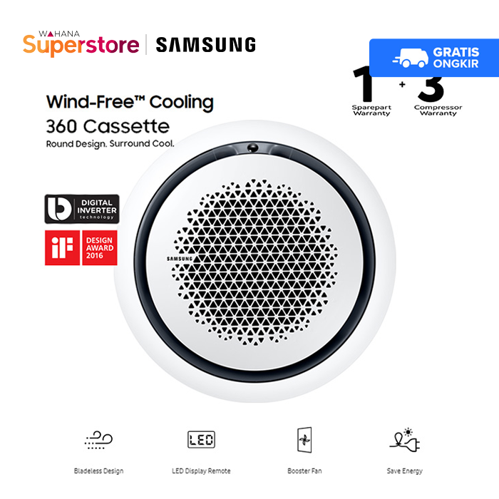 Samsung AC Cassette Ceiling Inverter 360 Wind-Free Round Panel 2PK ...