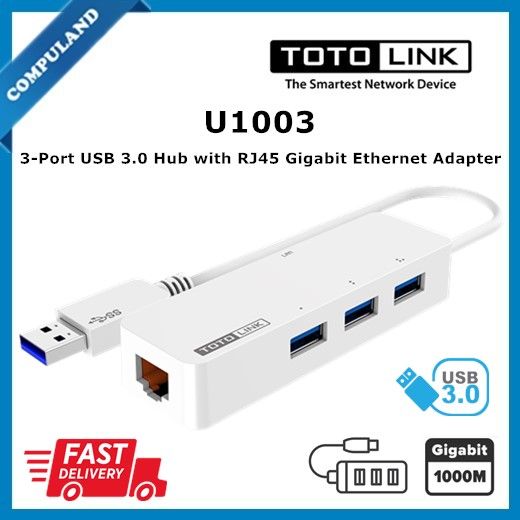 TOTOLINK U1003 3-Port USB 3.0 Hub with RJ45 Gigabit Ethernet Adapter ...