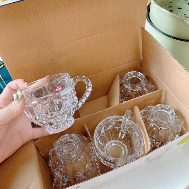 Bộ 6 Ly thủy tinh có quai 180 ml - Set 6 Ly uống nước, cafe có quai ...