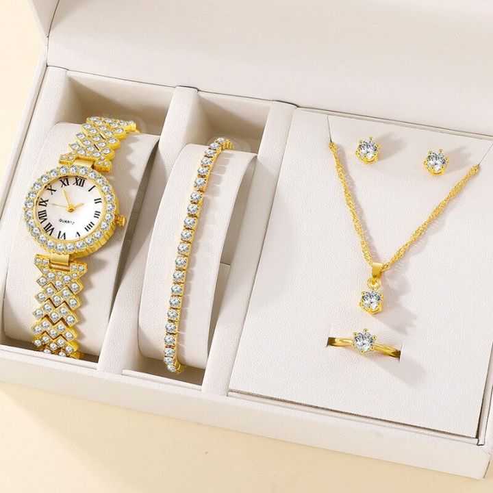 Women Luxury Style Round Quartz Watch Bracelet Necklace Earring 6 Pcs ...