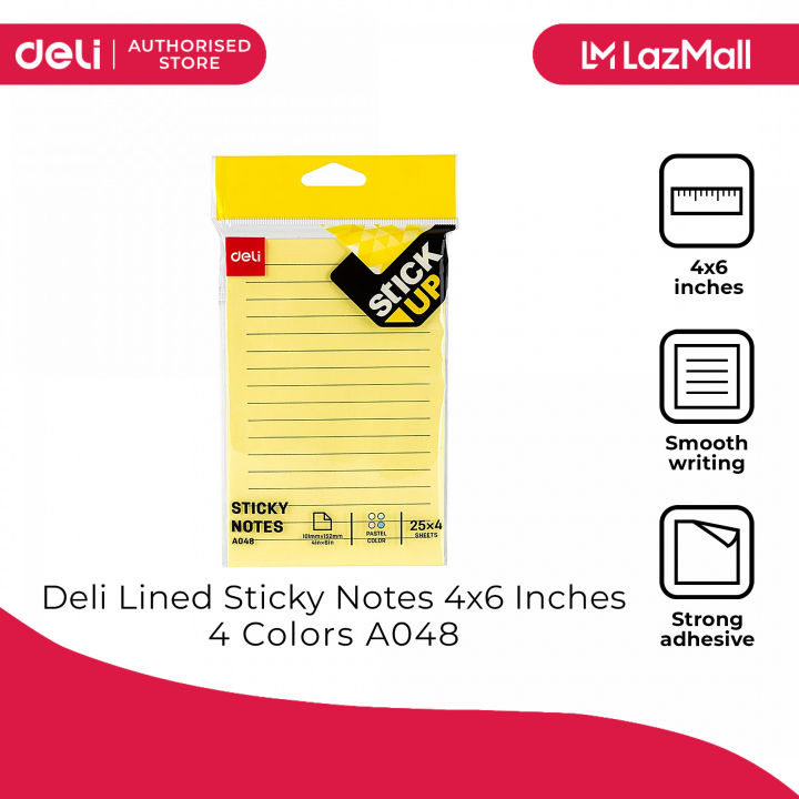 Deli A048 Lined Sticky Notes 4x6 inches 4 Colors | Lazada PH
