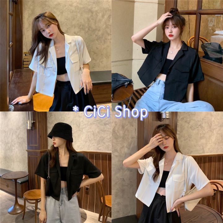 Cici(2112)เสื้อครอปเชิ้ตคอปก แขนสั้น ดีเทลแต่งกนะเป๋าหน้า สุดฮิต | Lazada.co.th