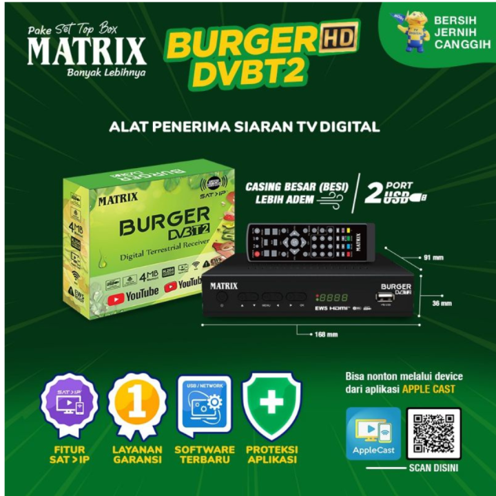 SET TOP BOX DVBT2 RECEIVER MATRIX BURGER HIJAU HD / Set Topbox Tv Digital Matrix Burger DVB T2 ...