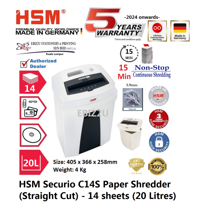 HSM Securio C14 S Paper Shredder (Straight Cut) - 14 sheets (20 Litres ...