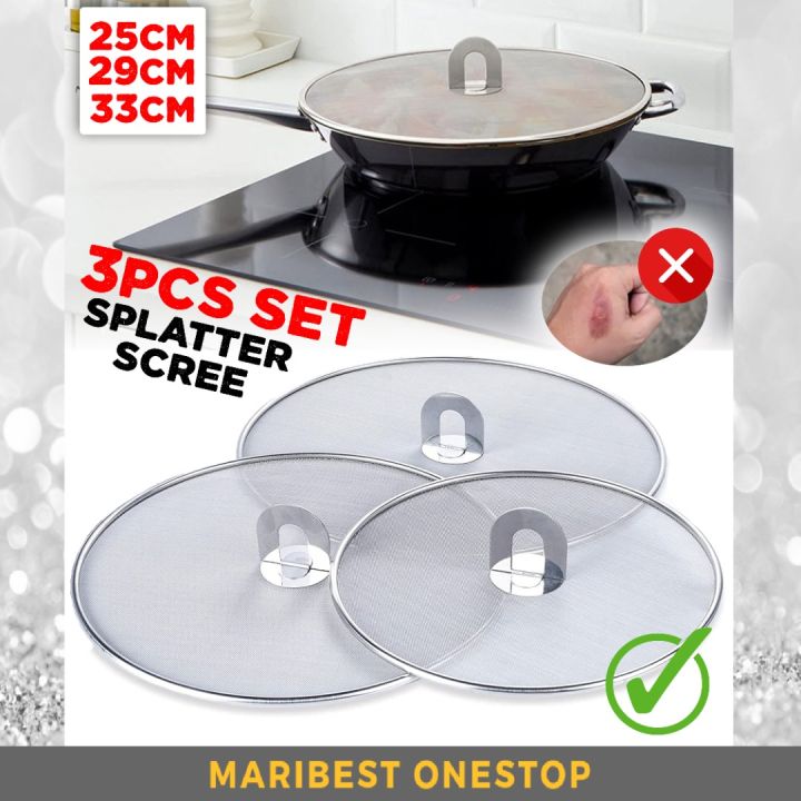 3PCS Splatter Screen Kitchen Oil Proof Lid Stainless Steel Oil Spill ...