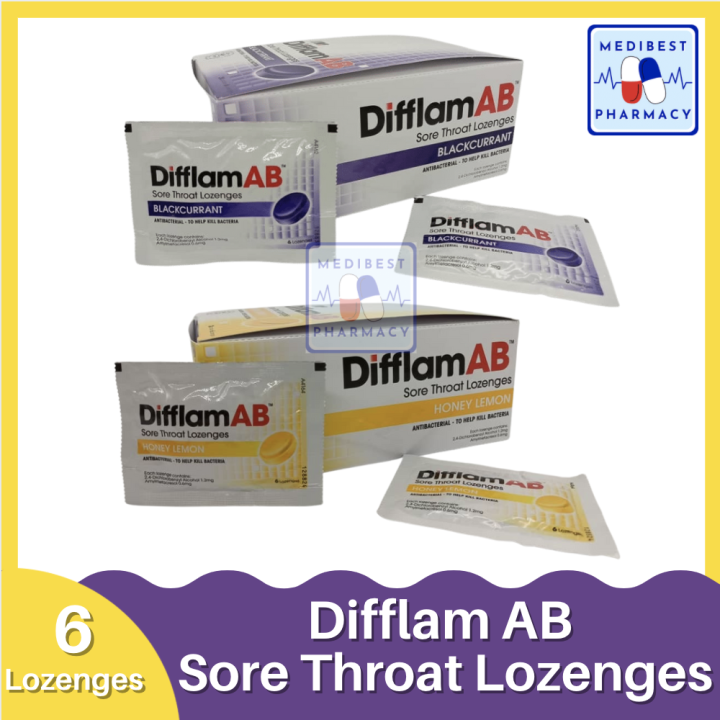Difflam AB Sore Throat Lozenges 6'S (Honey Lemon / Blackcurrant/ Lemon ...