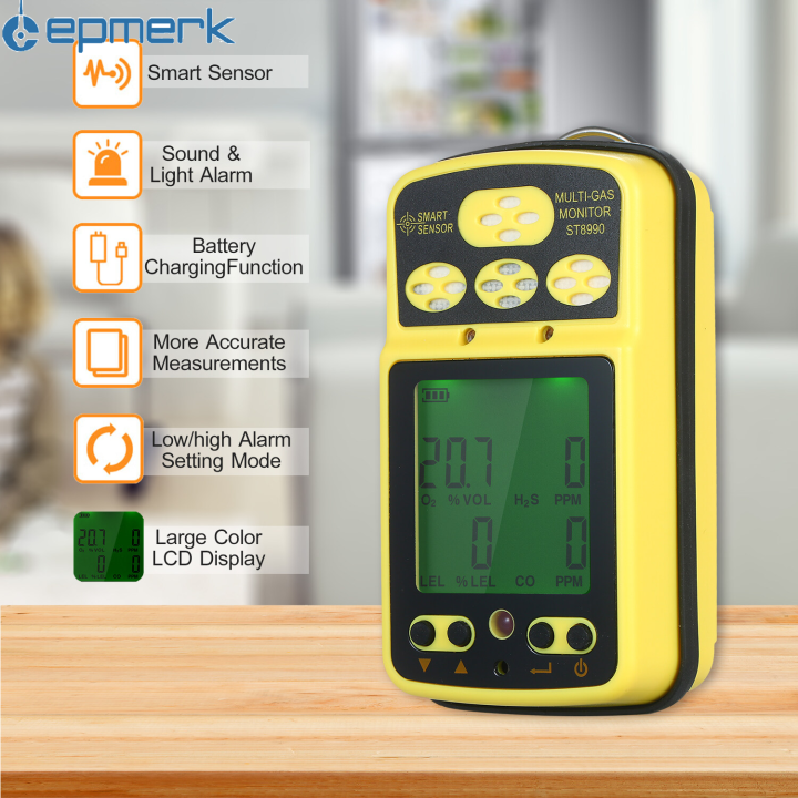 Lepmerk ST8990 Multi Gas Monitor Rechargeable 4 in 1 O2 LEL CO H2S Gas ...