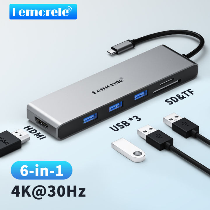 Lemorele TC23 USB C Hub USB C Adapter 6-in-1 aluminum housing with 4K HDMI, 3 USB-A, SD/TF ...