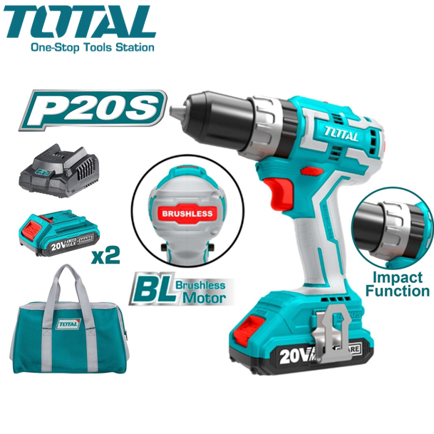 TOTAL สว่านแบตเตอรี่ ไร้สาย 20 V (มอเตอร์ไร้แปรงถ่าน) (แบต 2 ก้อน+แท่น ...