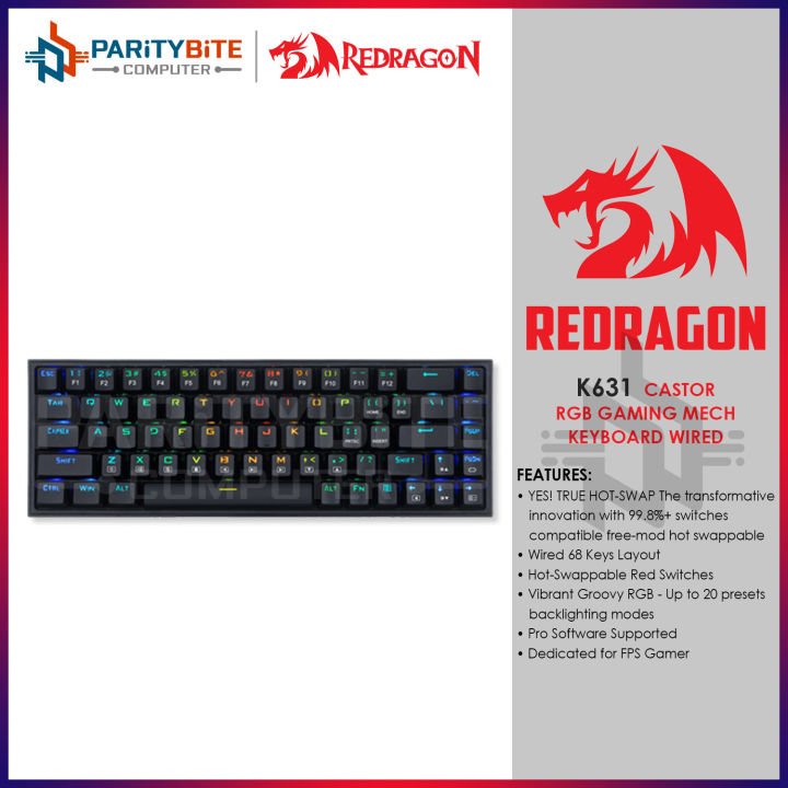 Redragon K631 Castor RGB Detachable Wired Gaming Keyboard, 68 Keys Hot-Swappable Compact ...
