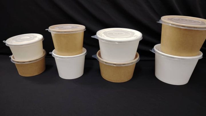 [50 pcs] Mangkuk Kertas Sekali Pakai 390ml/750ml/520ml/850ml/1000ml Putih dengan Tutup Plastik ...