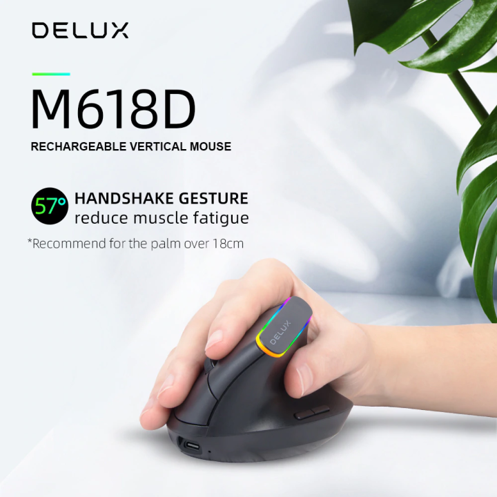 Delux M618DB Ergonomic Vertical Mouse rechargeable Wireless 2.4GHz Mouse RGB 1600 DPI Vertical ...