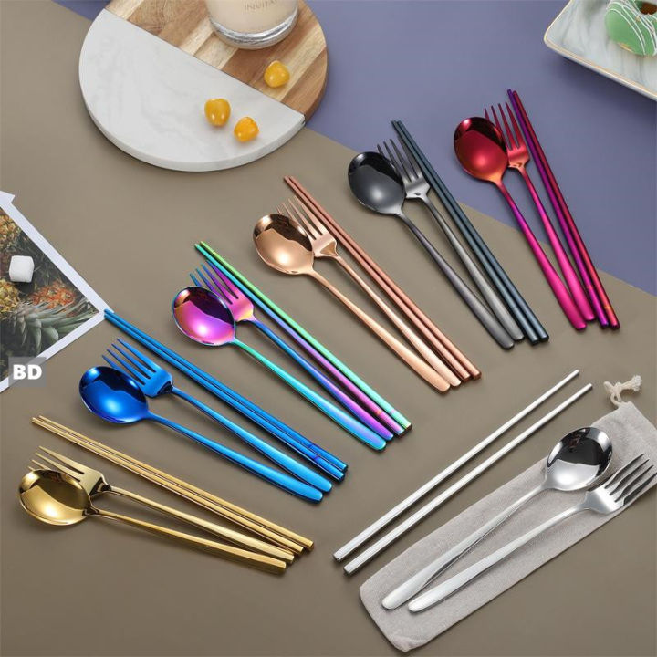 3IN1 Korean Metal Tableware Set Chopsticks Spoon Fork Kitchen Utensils ...