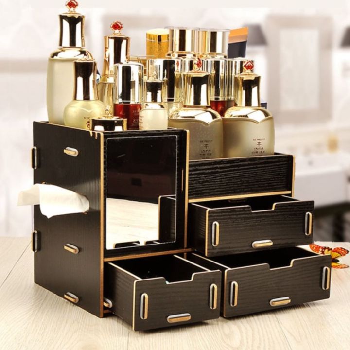 DIY Multifunctional Desktop Storage Box Wooden Makeup Organizer Case ...