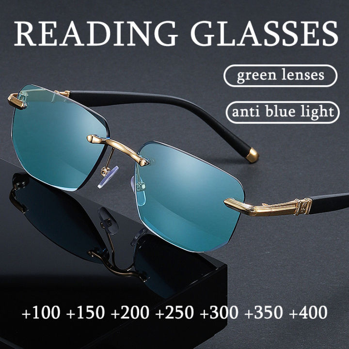 Business Rimless Dark Green Glasses Reading Glasses For Men Anti Blue ...
