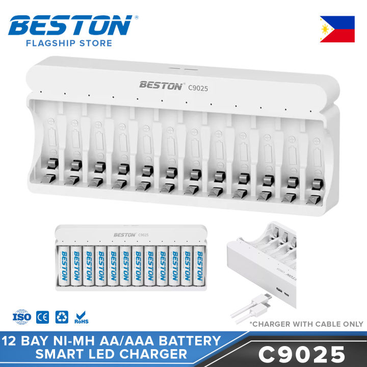 Beston C9025 12 Bay Smart LED Charger with Cable for Ni-MH AA AAA ...