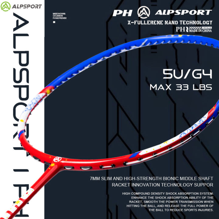 ALPSPORT PH Memorial 5U G4 Max 33Lbs badminton racket 100% full carbon ...