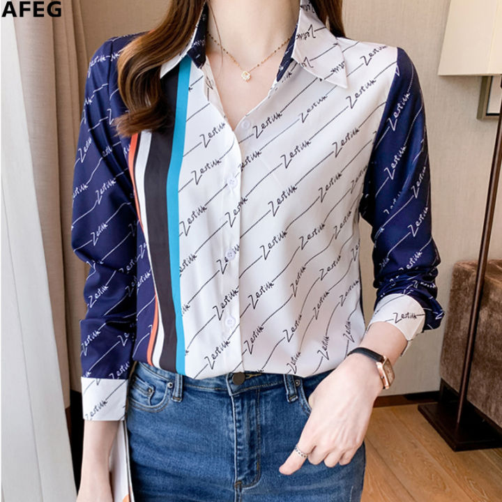 AFEG ใหม่แฟชั่นเกาหลีหลวมๆพิมพ์เย็บชีฟองแขนยาวเสื้อผู้หญิง | Lazada.co.th
