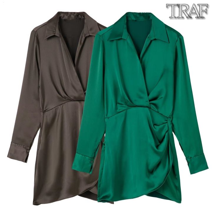ZARA Traf สีทึบสตรีแบบใหม่เข้ารูปปกเสื้อเสื้อแขนยาวสไตล์ยุโรปและอเมริกา ...