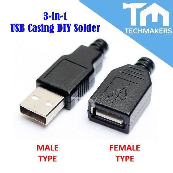 3-in-1 USB Plug Connector Shell DIY ( Type A - Female/Male) Casing ABS Solder Modify TechMakers ...