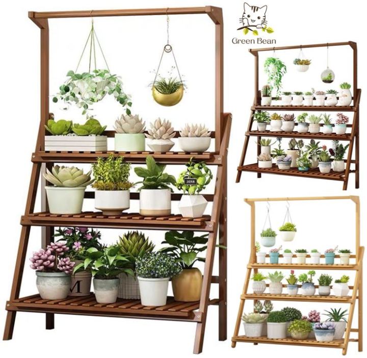 Bamboo Plant Rack Three Tier Rack Hanging Plant Shelf Foldable Ladder ...