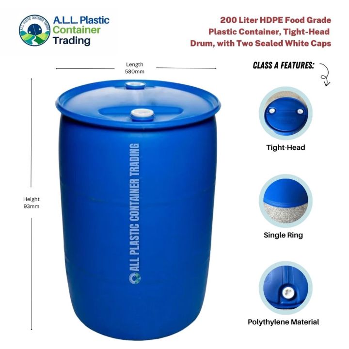 200 Liter Single Ring Blue Plastic Conner Drum, Tight-Head HDPE Material, Heavy-Duty Food Grade ...