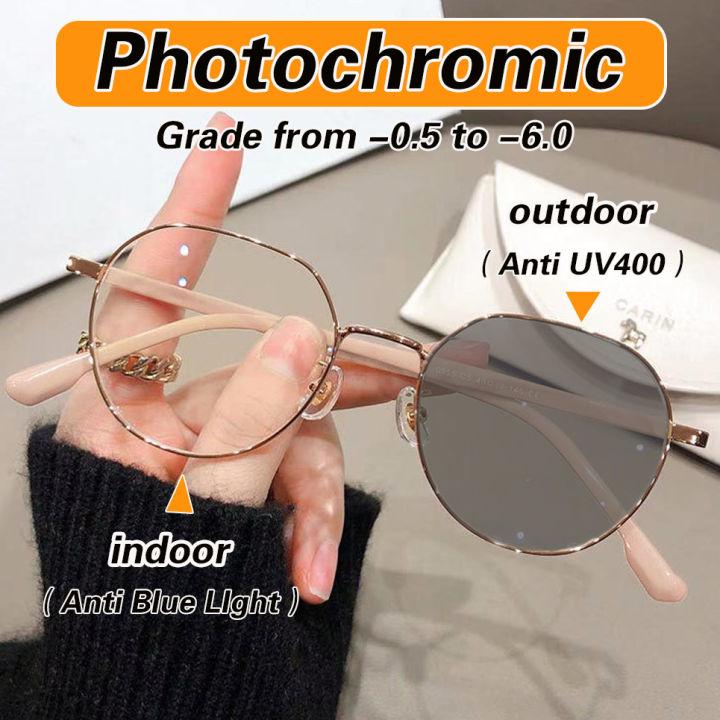 【Photochromic + Grade】Myopia Glasses Women Girls Metal Frame Color ...