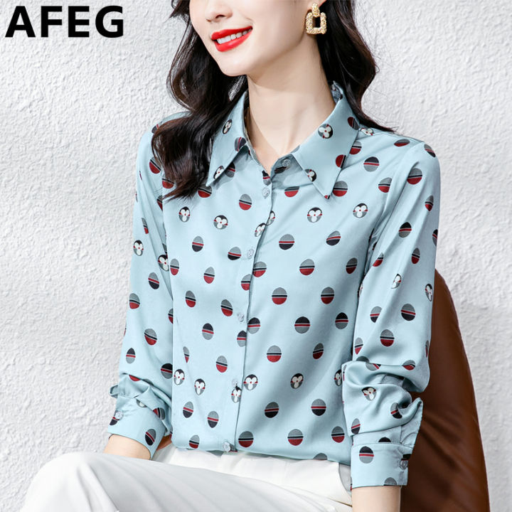 AFEG เสื้อผู้หญิงผ้าซาตินลายจุด,เสื้อลายพิมพ์แขนยาวแฟชั่นคอเสื้อเชิ้ต ...