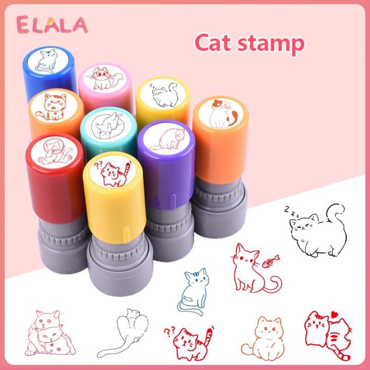 Elala ตราประทับรางวัลอนุบาลสลักลายการ์ตูนแสตมป์แมวสีดำ/สีฟ้า/สีส้ม ...