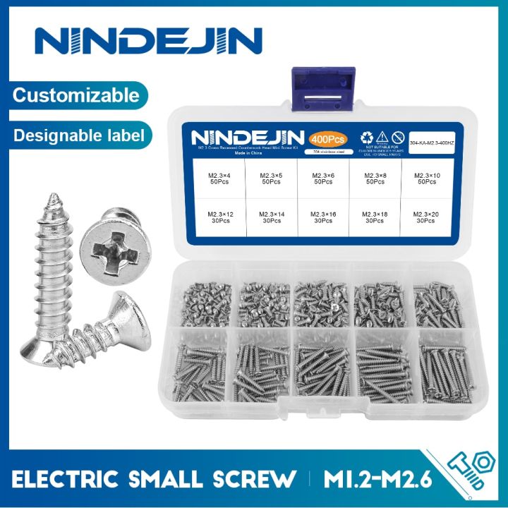 NINDEJIN 370/400/500pcs Electric Small Screw M1.2-M2.6 Stainless Steel Cross Recessed Flat Head ...