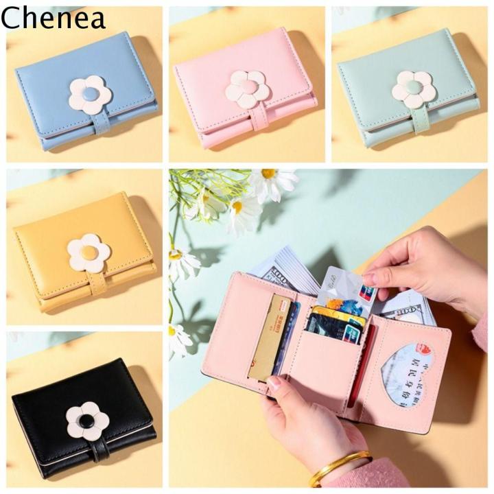 CHENEA บัตรหลายใบ กระเป๋าสตางค์สั้นลายดอกไม้ กระเป๋าใส่เหรียญ หนังพียู ...
