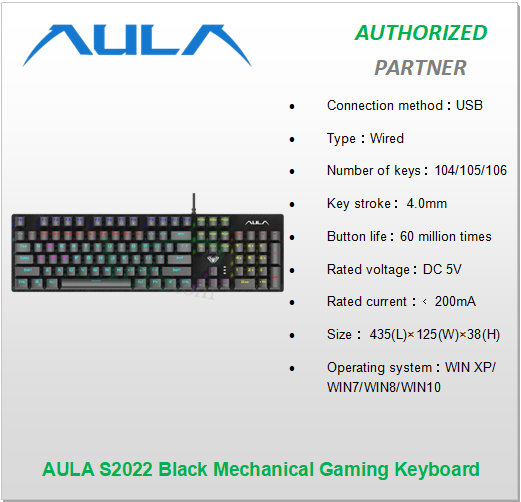AULA S2022 Black Mechanical Gaming Keyboard Blue Switch,Full Size USB ...