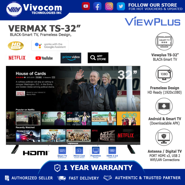 Viewplus TS-32'-BLACK-Smart TV, Frameless Design, HDMI 2 2.0 & USB 2 2. ...