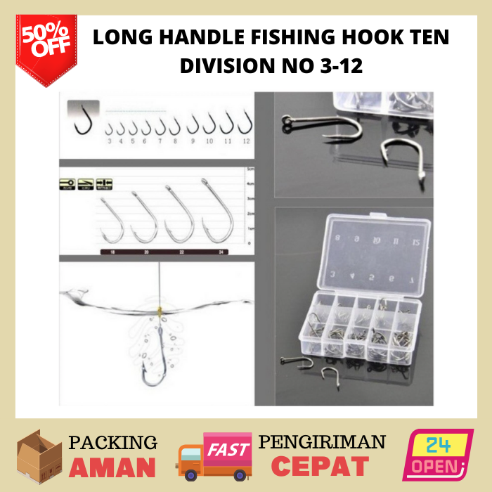 Long Handled Fishing Hook Ten Division No 3-12 Full Set 100 pcs ...