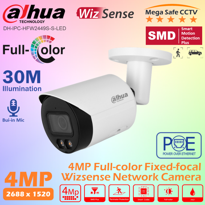 Dahua DH-IPC-HFW2449S-S-LED 4MP Full-color Fixed-focal Bullet Wizsense Network Camera, POE, 30m ...