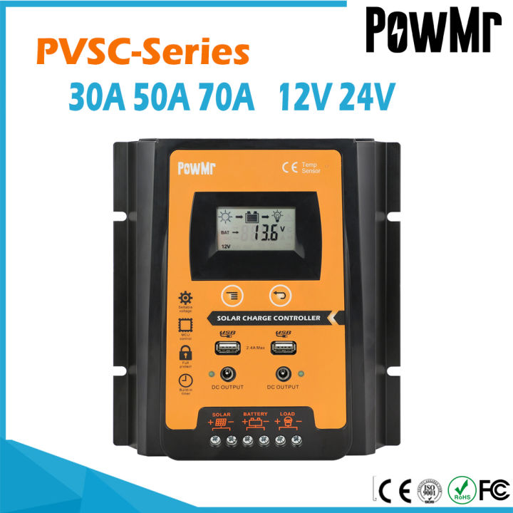 PowMr Solar Charge Controller PWM 30A 50A 70A 12V 24V Dual USB Solar ...